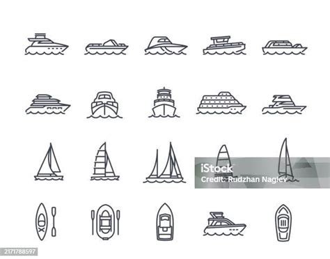 배송 라인 아이콘 세트입니다 요트 카약 풍선 보트 범선 및 모터 선박과 간단한 기호 해상 운송 편집 가능한 획 Outline Vector Illustration