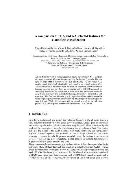 Pdf A Comparison Of Pca Ica And Ga Selected Features For Cloud Field
