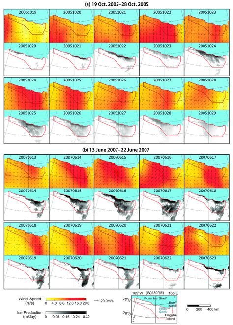 Comparison Of Wind Forcing Vector Plots And Ice Production Maps Of The Download Scientific