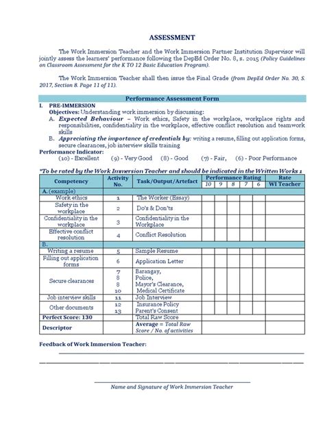 Assessment Work Immersion Pdf Teachers Business Process