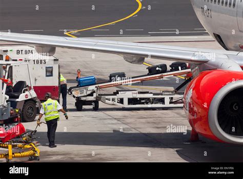 Staff Loading Passengers Luggage Into Plane Hold Using Conveyor Belt Hi