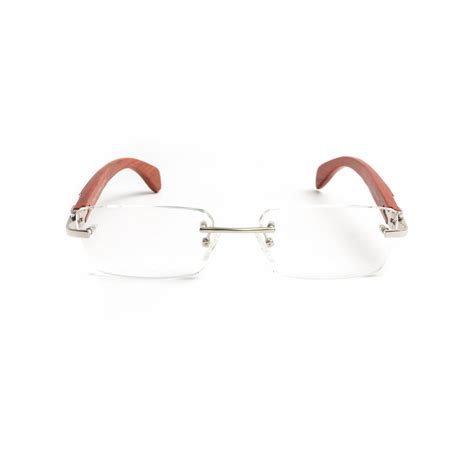 Mens Rectangular Eyeglasses Cherry Wood Silver Vintage Wood