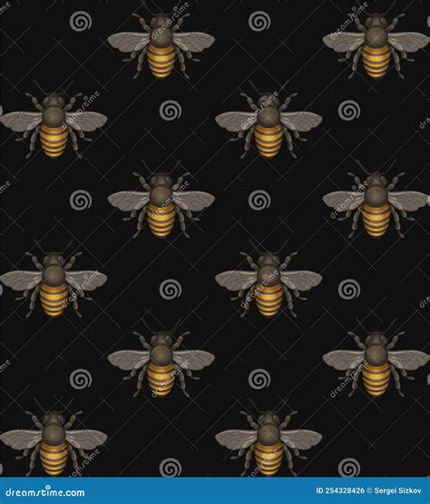 Bee Seamless Pattern On Black Background Vector Stock Vector