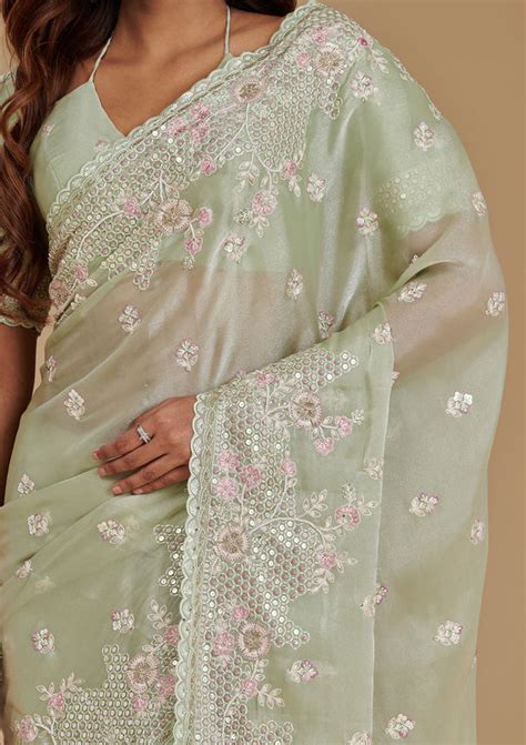 Pista Green Sequins Tissue Saree Koskii