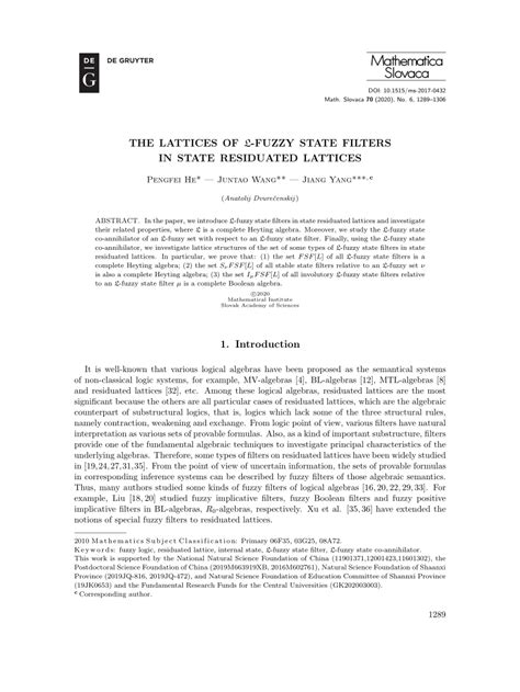 Pdf The Lattices Of 𝔏 Fuzzy State Filters In State Residuated Lattices