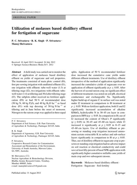 Pdf Utilization Of Molasses Based Distillery Effluent For Fertigation Of Sugarcane