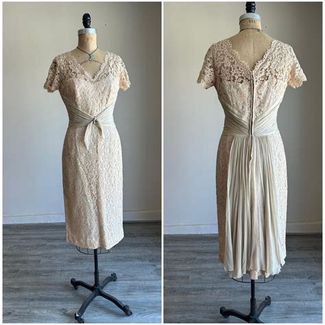 Vintage 1950s 50s Nude Lace Dress With Silk Chiffon Train A Norman