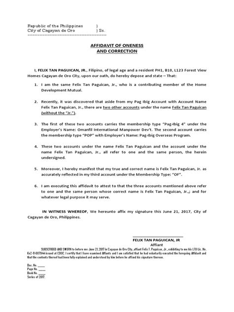 Affidavif Of Oneness And Correction Hdmf Paguican Affidavit