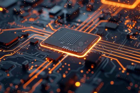 Cpu Processing Data On Motherboard With Orange Glowing Circuits Stock