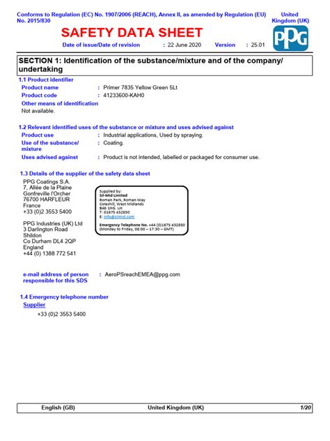 Ppg Primer 7835 Yellow Green 5lt Sds En 22 6 20 Pdf