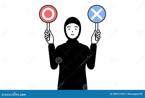 Muslim Woman Holding A Placard Indicating Correct And Incorrect Answers
