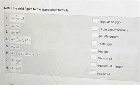 match the solid figure to the appropriate formula 1 a 1 4 s 2sqrt 3