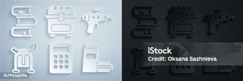 계산기 광선 총 뿔 달린 헬멧의 바이킹 버거 골동품 보물 상자 및 책 아이콘을 설정합니다 벡터 3차원 형태에 대한 스톡 벡터