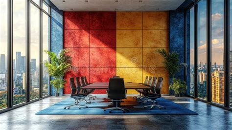 Modern Office Meeting Room Featuring Large Window Panels And Vibrant