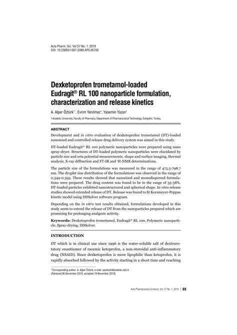 Pdf Dexketoprofen Trometamol Loaded Eudragit ® Rl 100 Nanoparticle Formulation