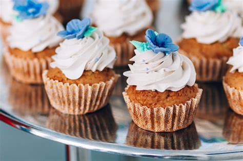 스테인레스 스틸에 실버 테이블에 설탕을 입 힘와 휘 핑된 크림 컵 케이크 0명에 대한 스톡 사진 및 기타 이미지 0명 갈색 거품 내기 Istock