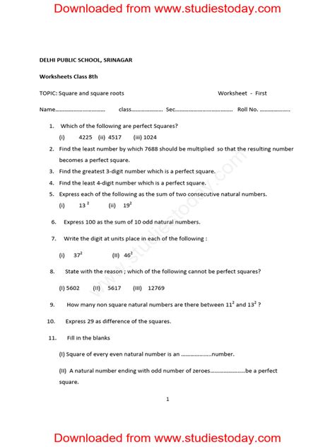 Cbse Class 8 Mathematics Squares And Square Roots Worksheet Set B Pdf