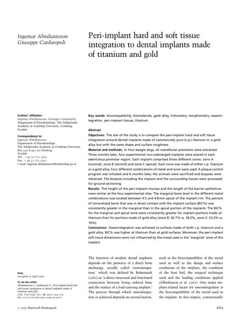 Peri Implant Hard And Soft Tissue Integration To Dental Implants Made Of Titanium And Gold Pdf