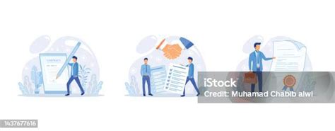 전자 계약 계약 조건 종이 시트의 문서에 대한 법률 문서 전자 서명 또는 스타일러스 펜과 자물쇠가 있는 태블릿 화면 평면 벡터