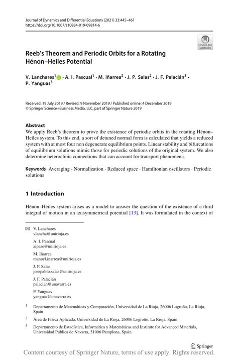 Reebs Theorem And Periodic Orbits For A Rotating Hénonheiles