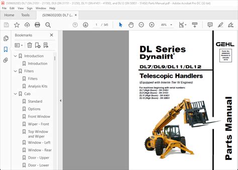 Gehl Dl Series Dynalift Dl7 Dl9 Dl11 Dl12 Telescopic Handlers Parts Manual 50960020 Pdf