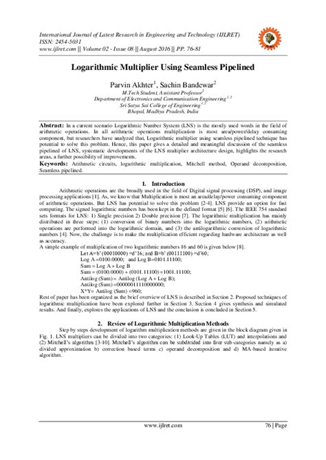 Pdf Logarithmic Multiplier Using Seamless Pipelined Ijlret Journal