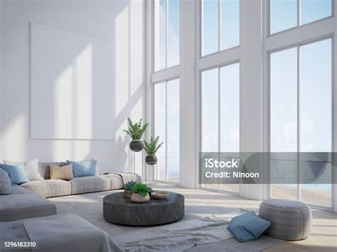 바다 전망과 빈 캔버스가있는 고급 주택의 현대적인 거실3d 렌더링 거실에 대한 스톡 사진 및 기타 이미지 거실 펜트하우스 바다 Istock
