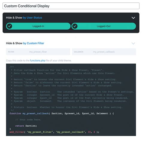 Write Your Own Rules With Custom Filters Examples Hide And Show Pro Docs Divi Modules