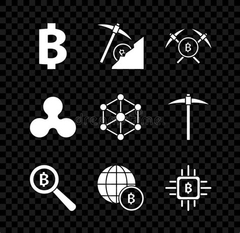 set cryptocurrency coin bitcoin cloud mining crossed pickaxe