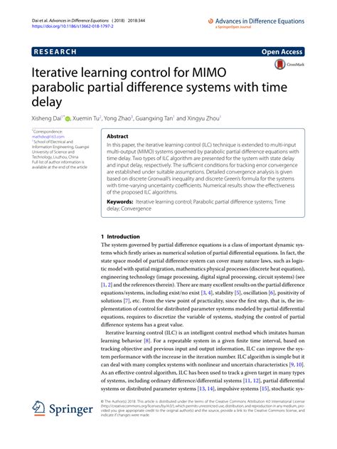Pdf Iterative Learning Control For Mimo Parabolic Partial Difference Systems With Time Delay