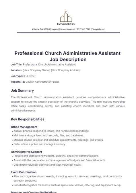 Free Professional Church Administrative Assistant Job Description
