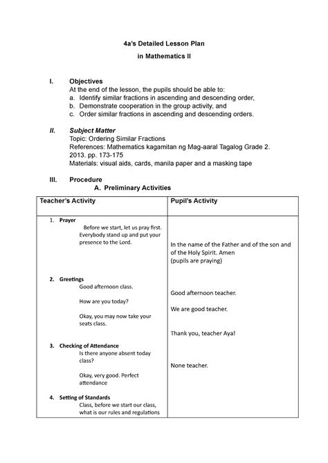 Ordering Fractions 4a S Detailed Lesson Plan In Mathematics Ii I