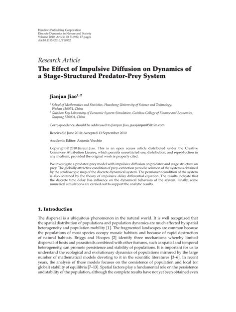 Pdf The Effect Of Impulsive Diffusion On Dynamics Of A Stage Structured Predator Prey System