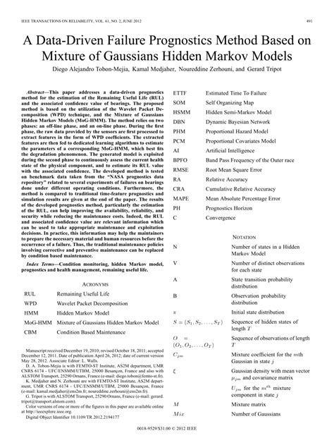PDF A Data Driven Failure Prognostics Method Based On Mixture Of Gaussians Hidden Markov Models