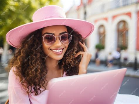 Premium Ai Image Woman From Colombia Working On A Laptop In A Vibrant