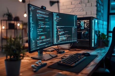 Software Developers Code On Modern Dual Monitors Utilizing Advanced