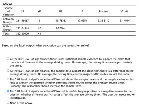 Solved SS Df MS F P Value F Crit ANOVA Source Of Variation Chegg