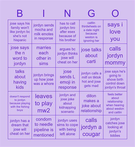 Jandj Bingo Card