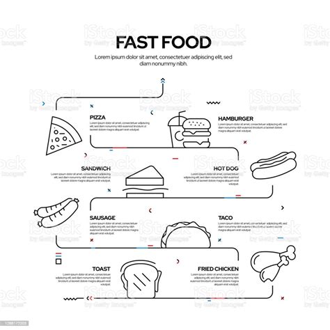 패스트 푸드 및 길거리 식품 관련 프로세스 인포그래픽 디자인 선형 스타일 벡터 일러스트레이션 인포그래픽에 대한 스톡 벡터 아트 및 기타 이미지 Istock