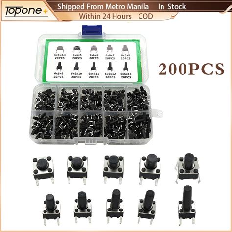 200 PCS 10 Models 6x6 Tactile Push Button Switch Momentary Tact Switch Assortment Kit With Case