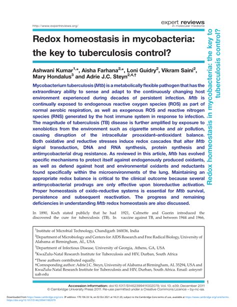 Redox Homeostasis In Mycobacteria The Key To Tuberculosis Control Docslib