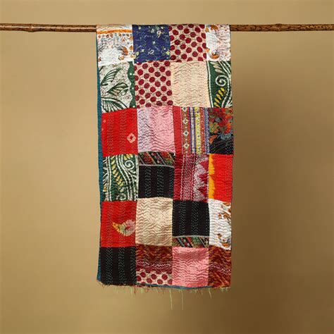 Multicolor Bengal Kantha Work Reversible Patchwork Silk Stole Itokri आई टोकरी