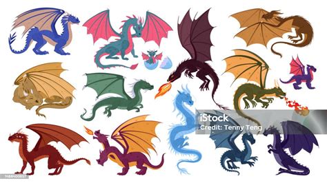 판타지 드래곤 만화 무서운 불 호흡 비행 파충류 요정 용 캐릭터 플랫 벡터 일러스트레이션 세트 날개 달린 마법 드래곤 컬렉션 용에 대한 스톡 벡터 아트 및 기타 이미지