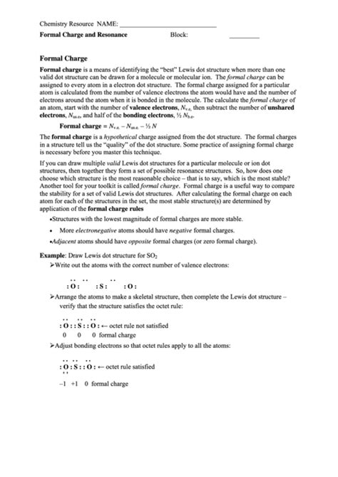 Formal Charge And Resonance Chemistry Worksheet Printable Pdf Download