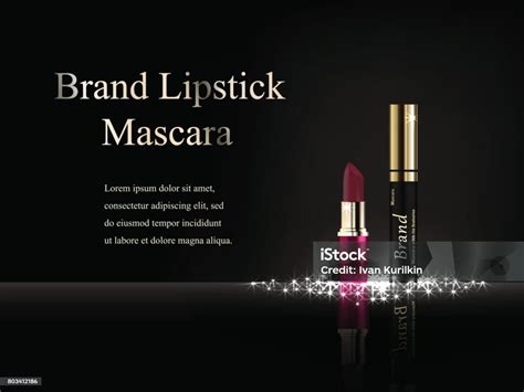 디자인 화장품 립스틱과 마스카라 어두운 배경에 빛 광선 및 밝은 반점에 브랜드 광고 배너 디렉터리입니다 현실적인 3 차원 벡터 3차원 형태에 대한 스톡 벡터 아트 및 기타