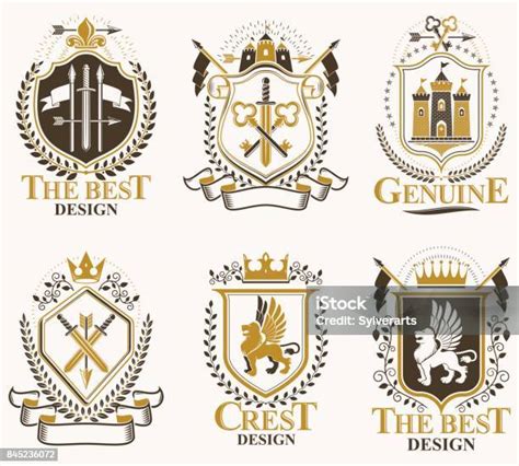 스타일 문장 학 벡터 엠 블 럼 빈티지 일러스트 군주 액세서리 타워 오각형 별 무기 및 병기 장식 오래 된 설정 합니다 팔의 외 투 컬렉션입니다 고풍스런에 대한 스톡 벡터