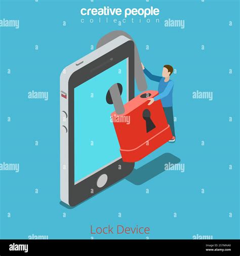 Lock Your Device Secure Content Concept Micro Man Locking Lock Over Smartphone Screen Flat 3d