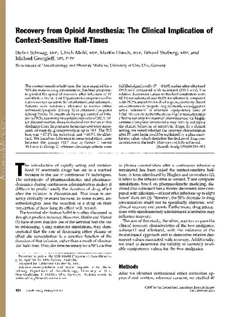 Pdf Recovery From Opioid Anesthesia The Clinical Implication Of Context Sensitive Half Times