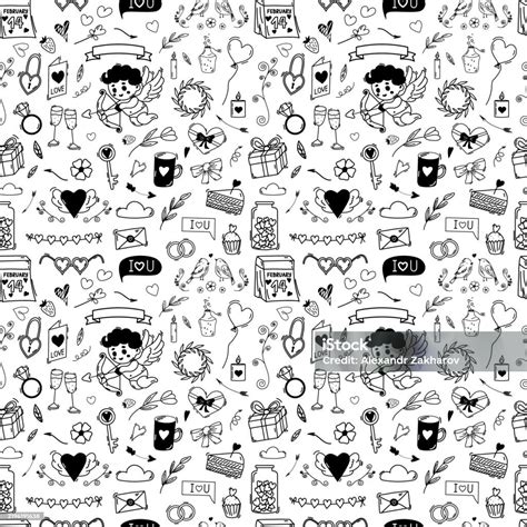발렌타인 데이 낙서 요소 완벽 한 패턴입니다 벡터 일러스트 레이 션 손으로 그린 낙서 아트 2월에 대한 스톡 벡터 아트 및 기타 이미지 Istock