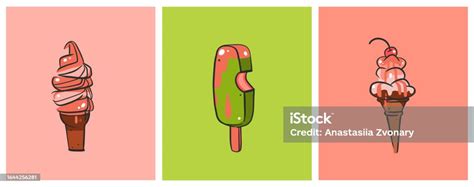 손으로 그린 벡터 추상 만화 얼음 Creram 콘 순대 라인 아트 일러스트레이션 세트 아이스크림 디저트 벡터 일러스트레이션 디자인 컨셉 세트 스웨덴 젤라토 얼음 디저트